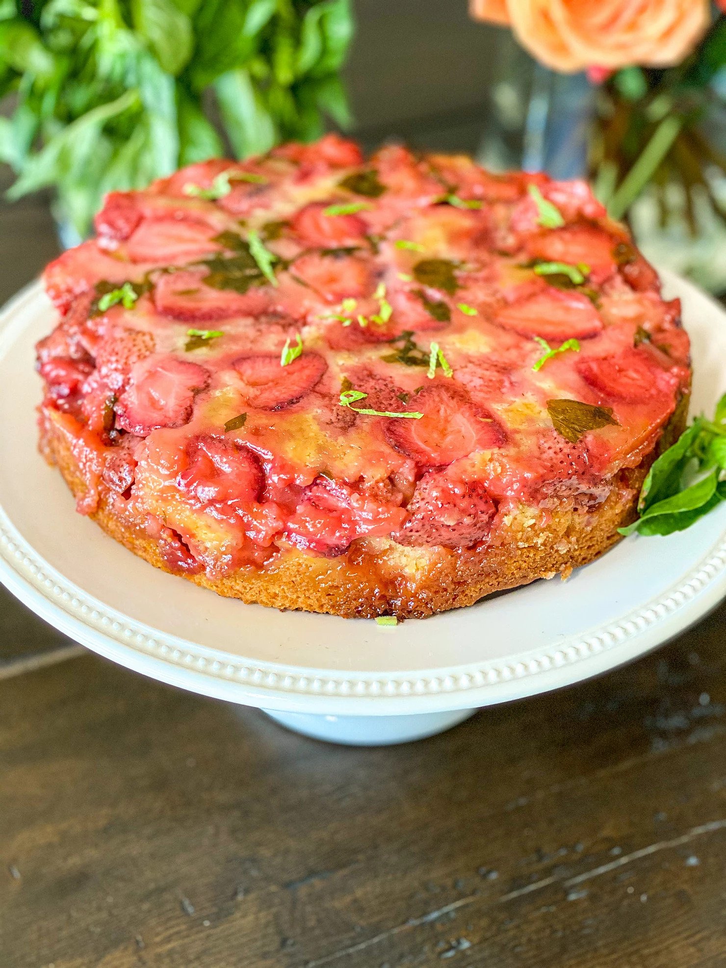 Strawberry Basil Upside-Down, Olive Oil Cake